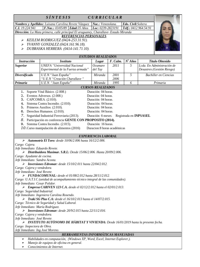 CURRICULUM CAROLINA (1) | PDF | Seguridad y salud ocupacional
