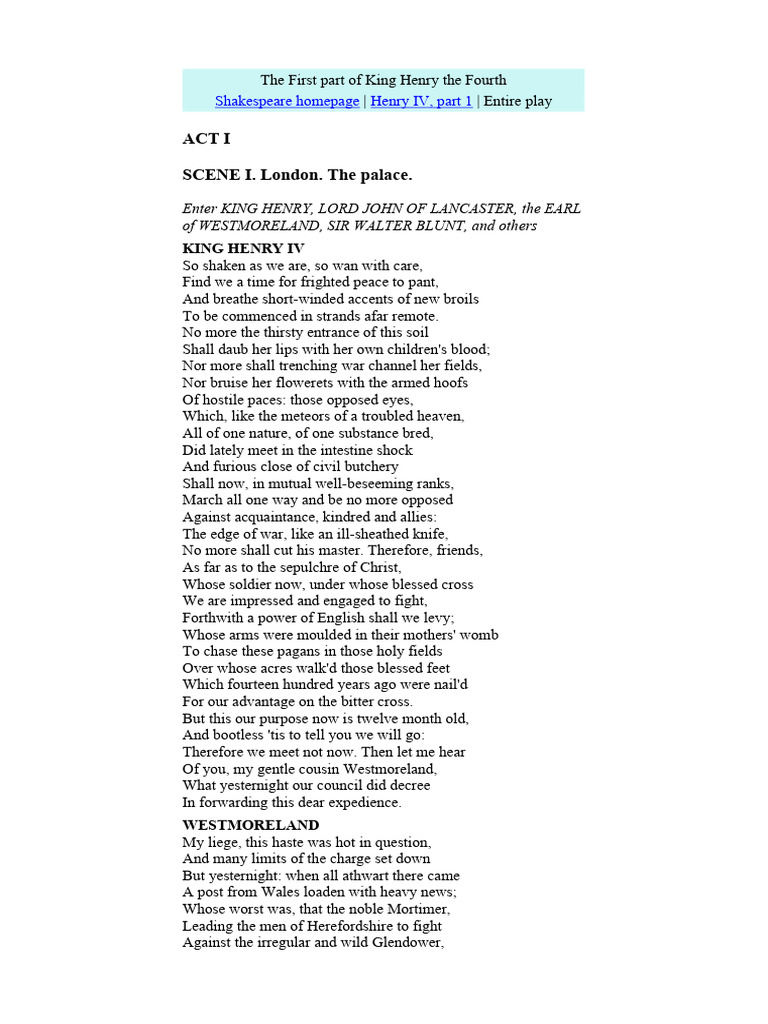 King Henry IV, Part 1: Act I Summary | PDF