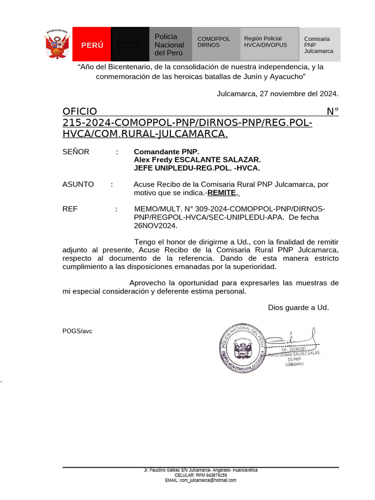 Acuse Recibo Comisaría Julcamarca | PDF
