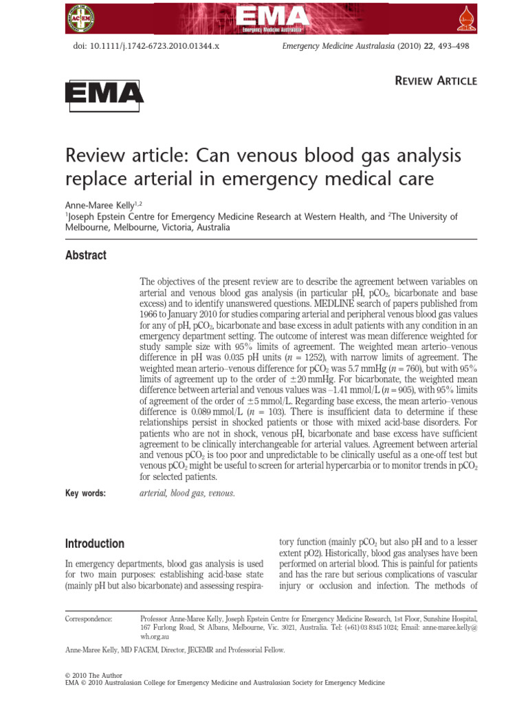 Can Venous Blood Gas Analysis Replace Arterial in Emergency Medical ...