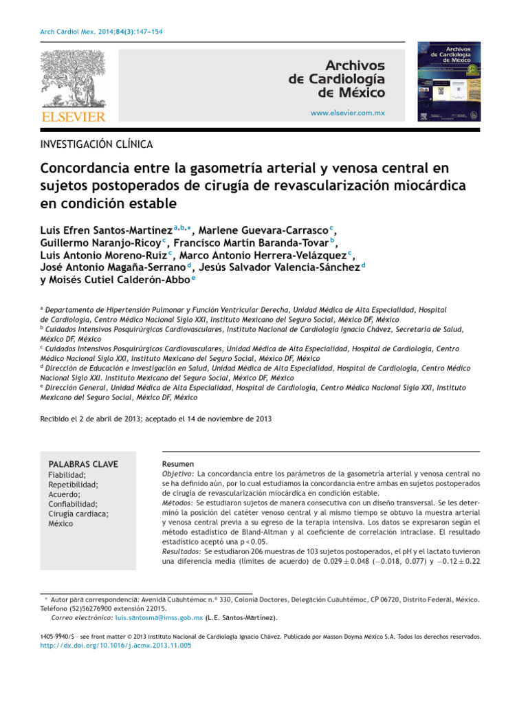 Concordancia entre la gasometría arterial y venosa central en sujetos ...