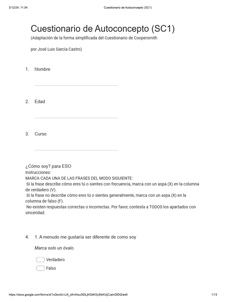 Cuestionario de Autoconcepto (SC1) | PDF
