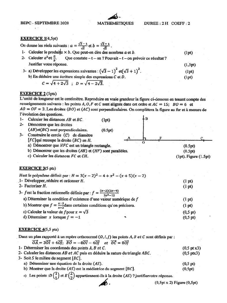 Epreuve Bepc 2020 Mathematiques Togo | PDF Epreuve Bepc 2020 Mathematiques Togo | PDF