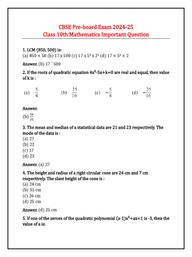 Class X Math Pre Board 2024-25 | PDF | Mean | Zero Of A Function