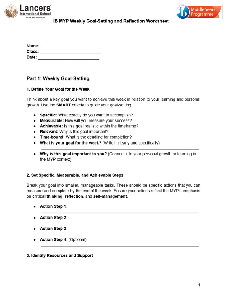 IB MYP Weekly Goal-Setting and Reflection Worksheet | PDF | Goal ...