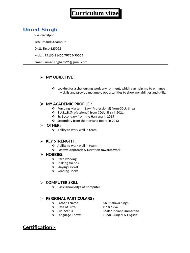Umed Singh's Curriculum Vitae | PDF