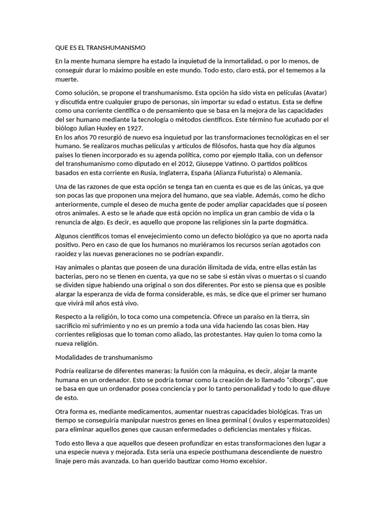 QUE ES EL TRANSHUMANISMO | PDF | Transhumanismo | Humano