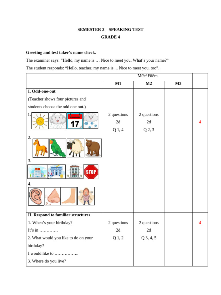 Grade 4 Speaking Test Guidelines | PDF