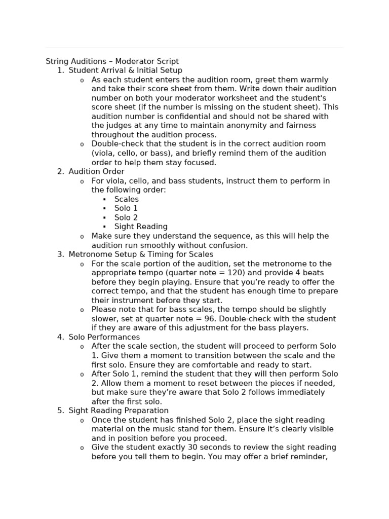 String Auditions - Moderator Scriptversion3 | PDF | Audition | Double Bass