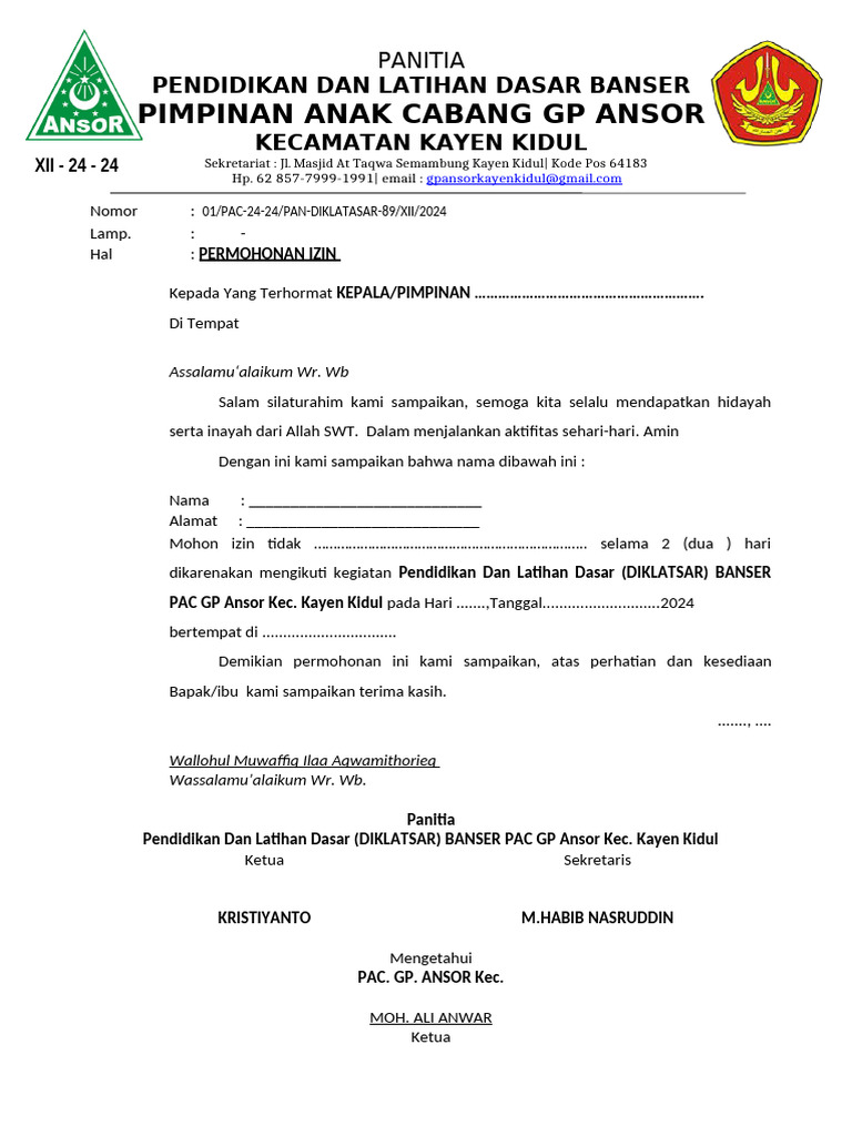 Surat Izin Mengikuti Diklatsar Kayen Kidul | PDF