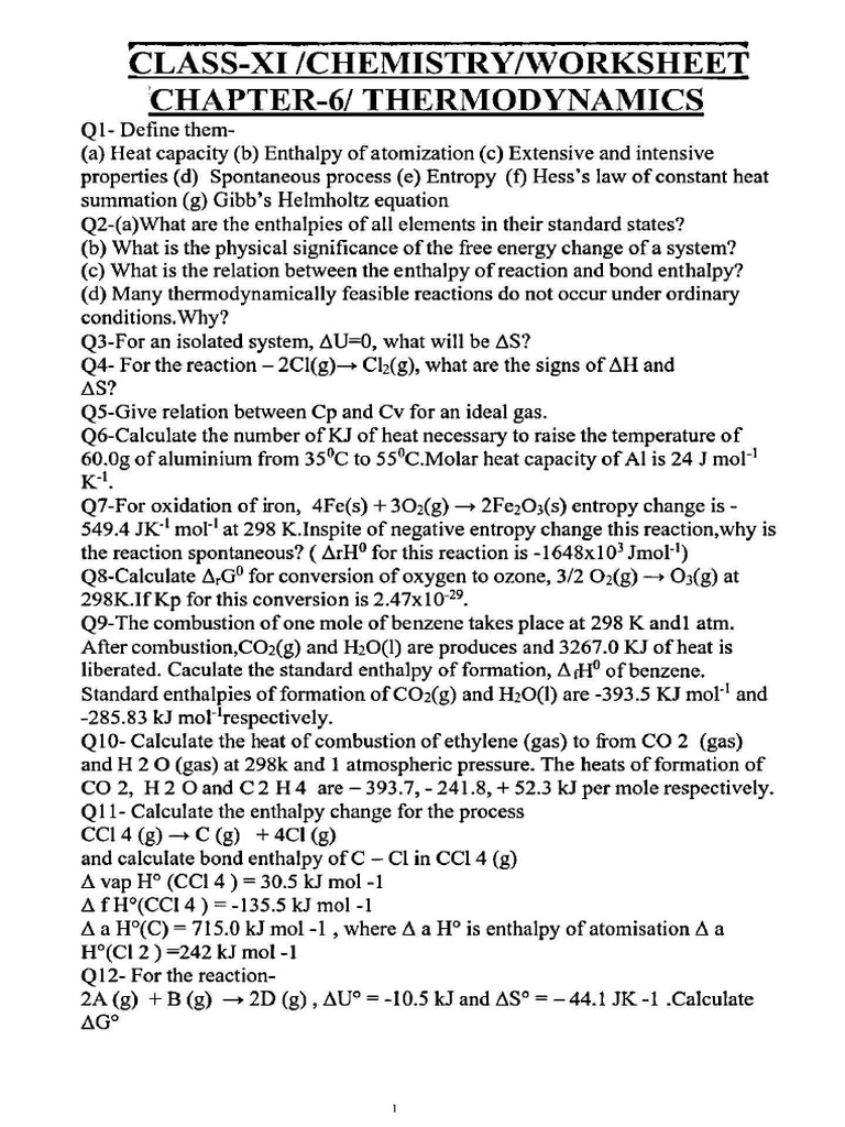 Thermodynamics Worksheet 2 | PDF