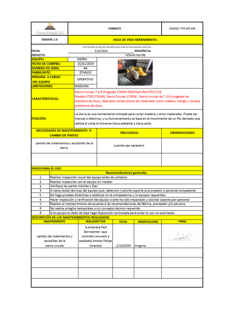 Fto-sst-035 Hoja de Vida de Sierra Circular | PDF