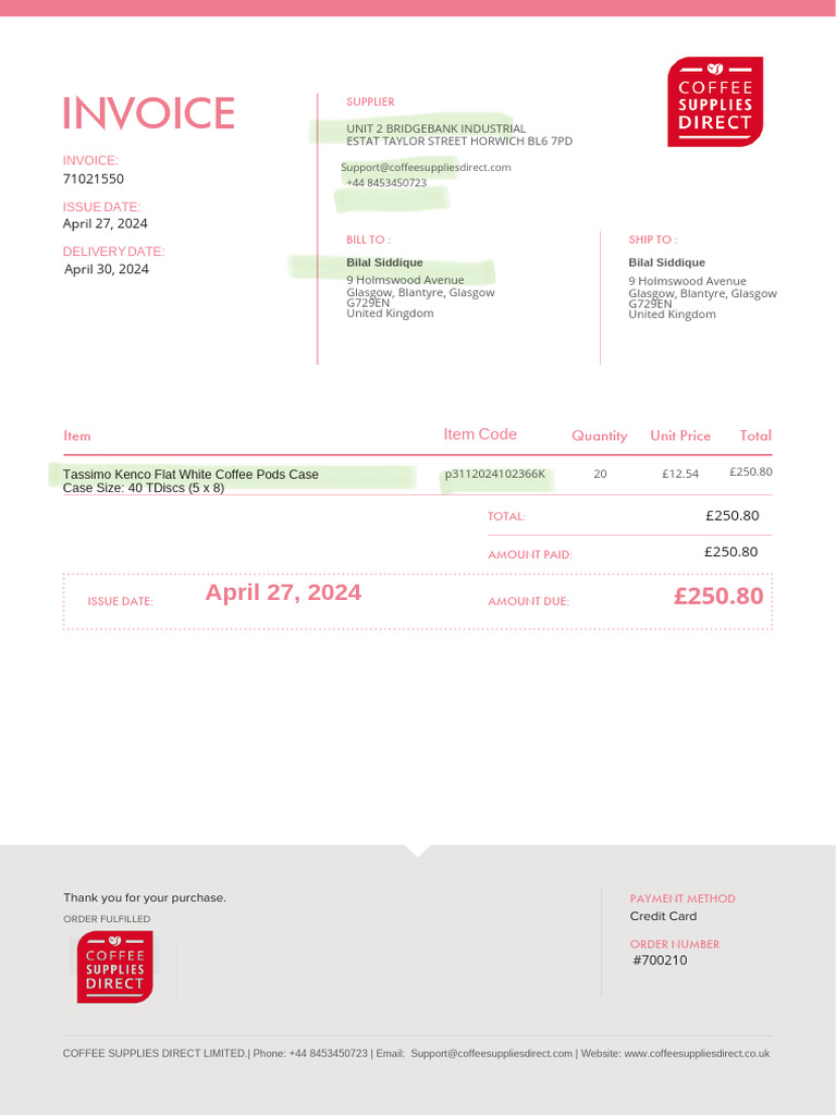 Coffee Supplies Direct Invoice 2nd | PDF | Invoice | Payments