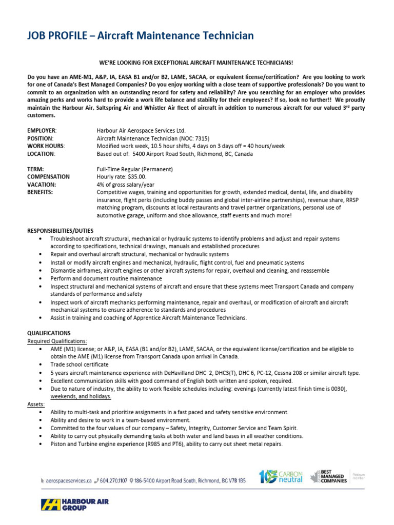 Aircraft Maintenance Technician Job Opening | PDF | Employment ...