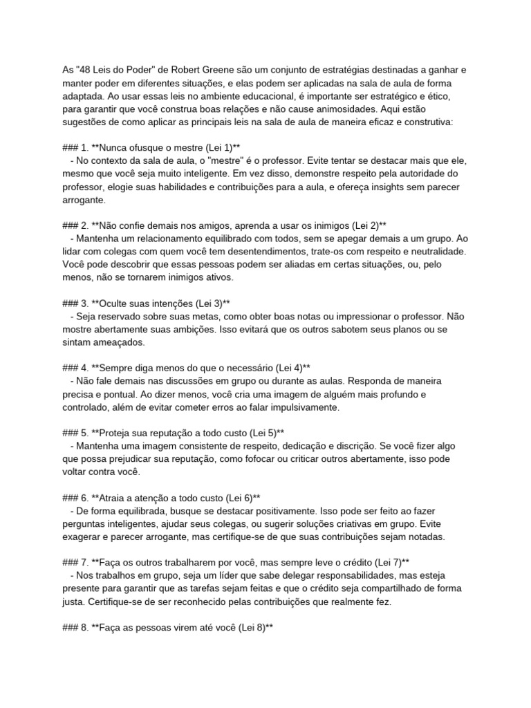 Aplicando as 48 Leis do Poder na Educação | PDF | Poder (social e ...
