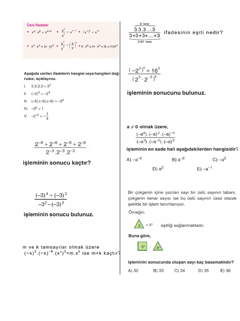 9. Sınıf Üslü Sayılar | PDF