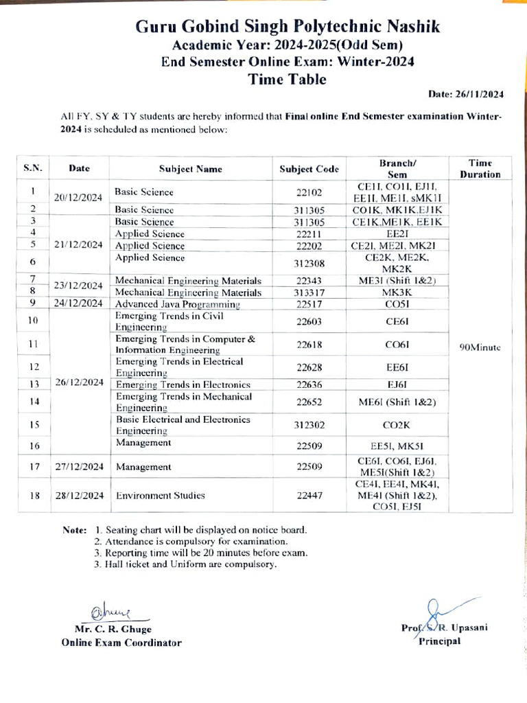 Winter-24 Online Exam Time Table | PDF | Physical Sciences | Science
