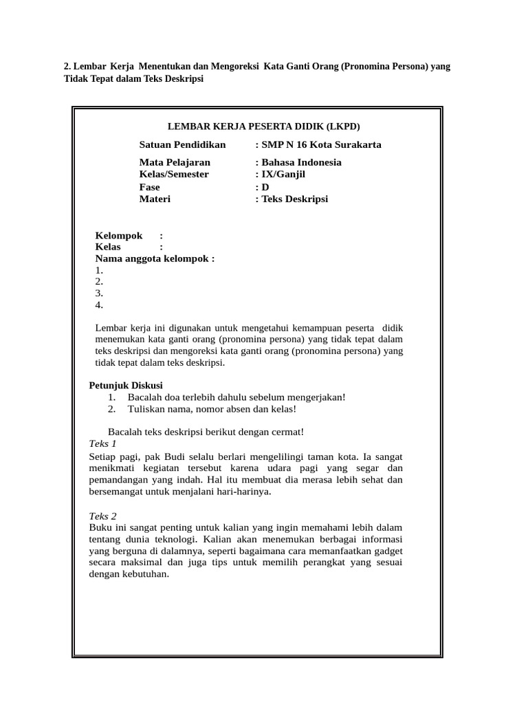 LKPD 2 MENEMUKAN DAN MENGKOREKSI KATA GANTI ORANG (PRONOMINA PERSONA ...