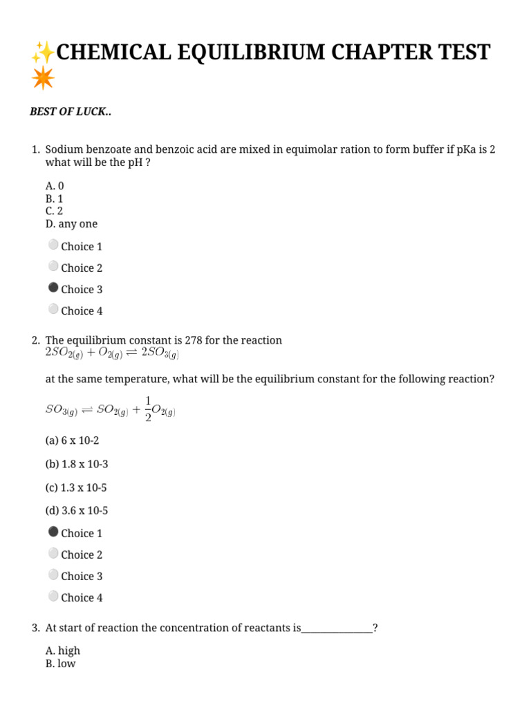 Chemical Equilibrium Chapter Test | PDF | Chemical Equilibrium | Buffer ...