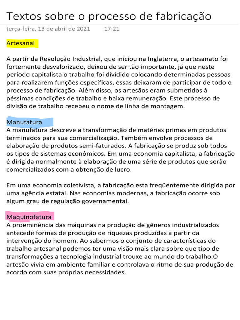 Textos Sobre o Processo de Fabr | PDF