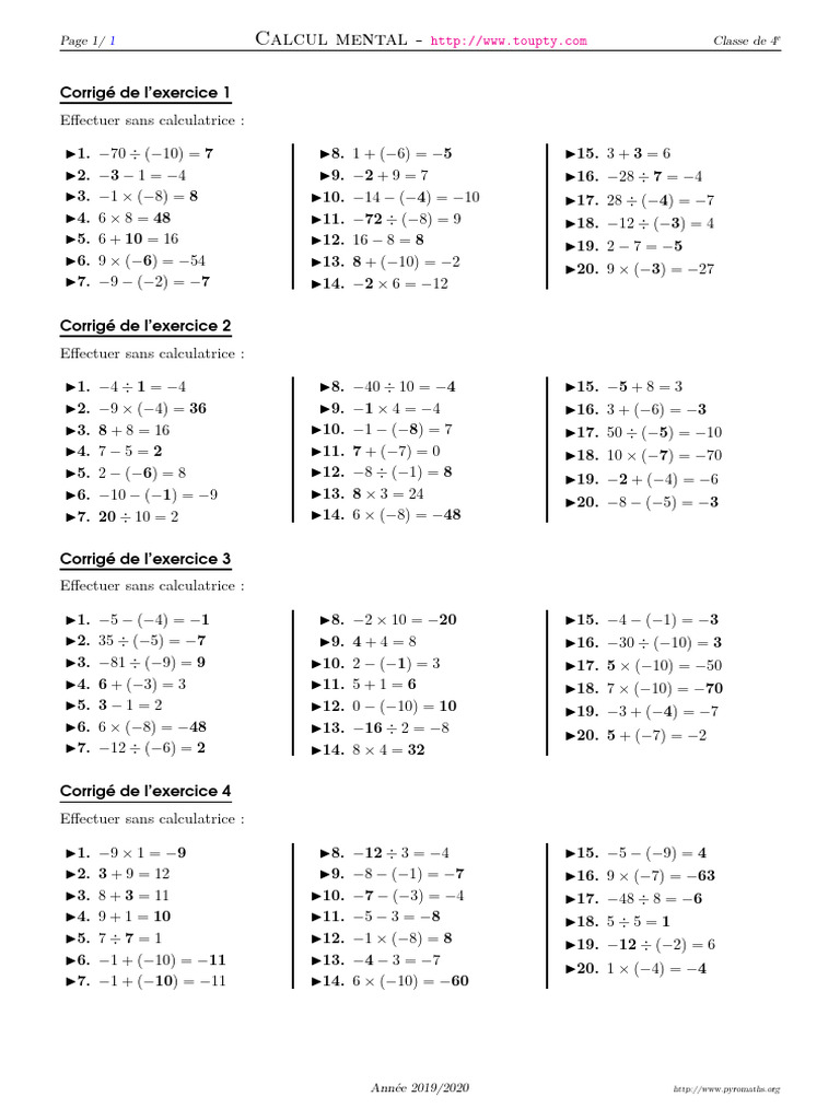 Calcul Mental 3 Corrige - 023102 | PDF