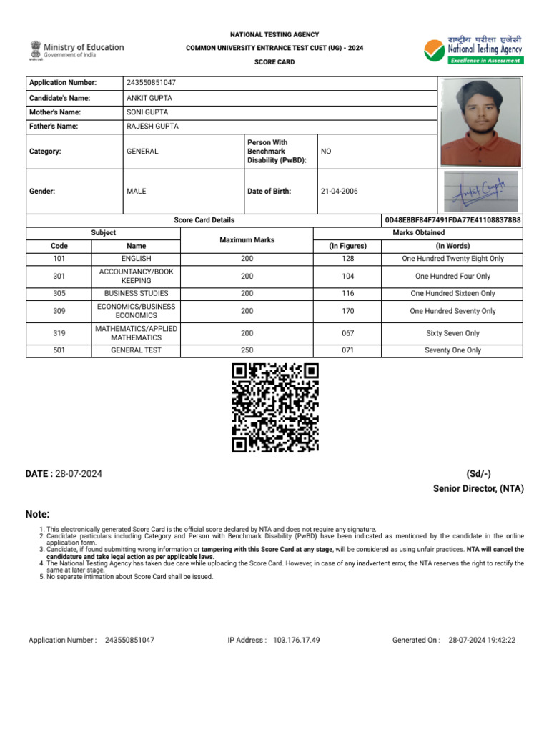 Cuet score card Ankit | PDF