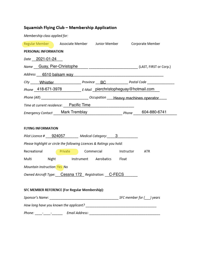 SFC Membership Application | PDF | Flight Instructor | Aircraft
