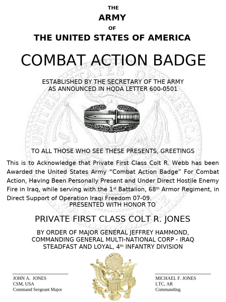 Combat Action Badge Certificate 3 | PDF