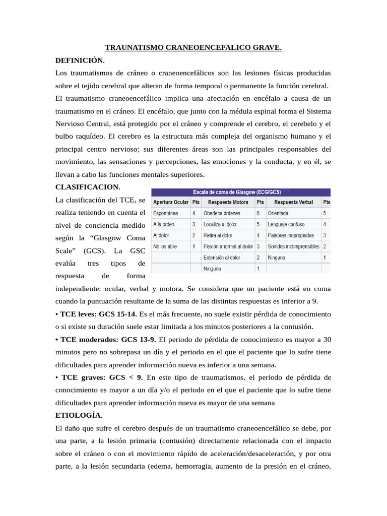 Traumatismo Craneal Grave: Definición y Diagnóstico | PDF | Cerebro ...