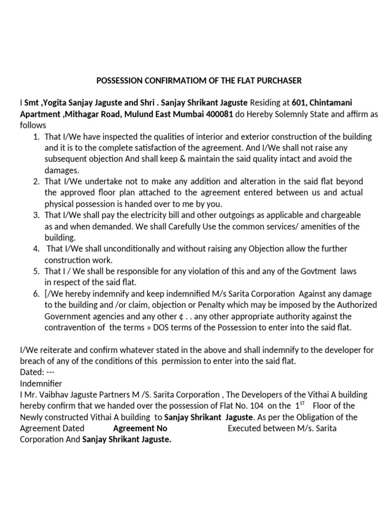 Possession Letter | PDF