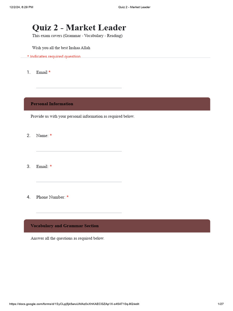 Quiz 2 - Market Leader - Google Forms | PDF | Question | Grammar