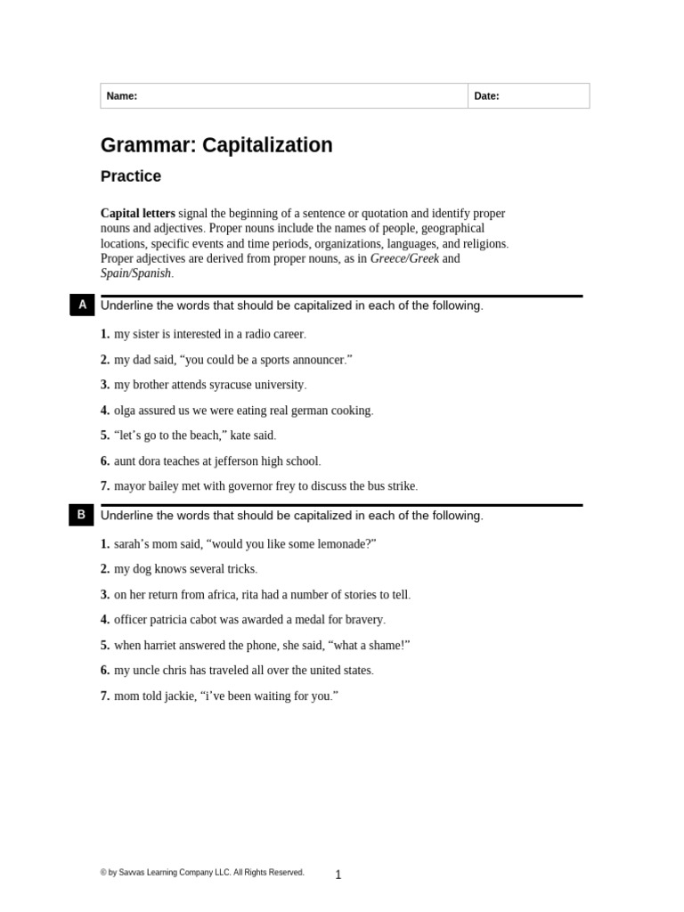Capitalization Worksheet | PDF | Grammar | Linguistic Morphology