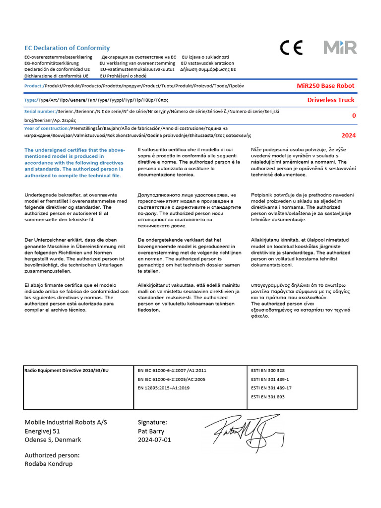 Mir 250 Base Robot HW 2.0 Declaration of Conformity Multilingual | PDF