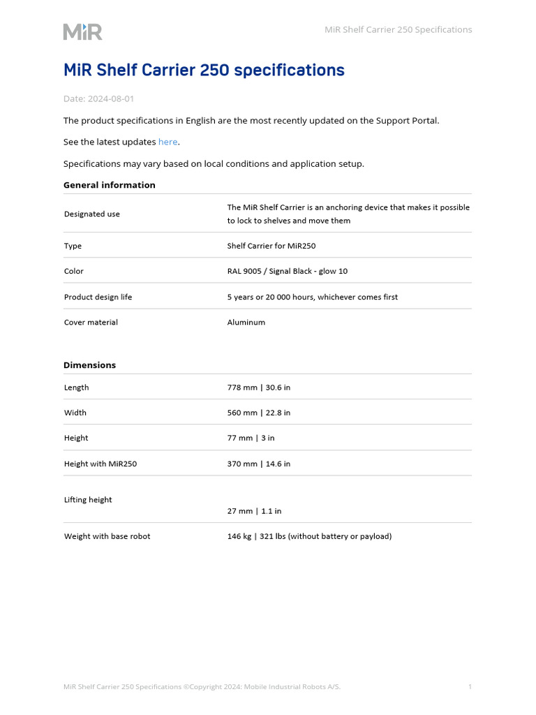 MiR Shelf Carrier 250 Specifications 2.90 | PDF