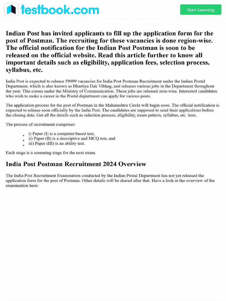 India Post Postman Recruitment 2024exam Info | PDF