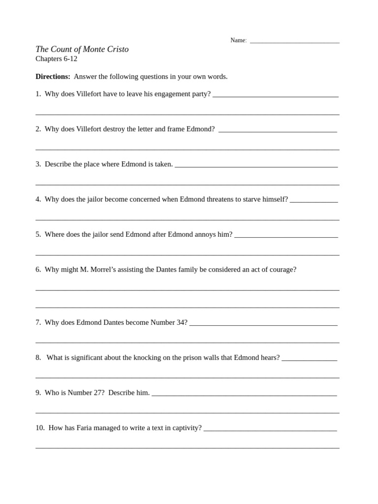 READER 9TH GRADE The Count of Monte Cristo ch-6 To 10 | PDF