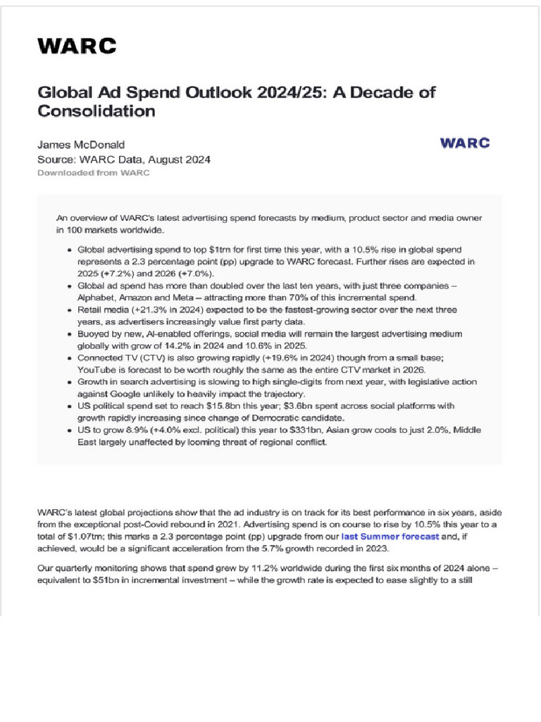 Warc - Global Ad Spend Outlook 202425 - A Decade of Consolidation | PDF