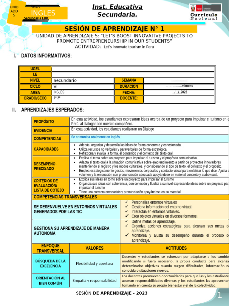 1° 2°-Ses Act 01-Inlgles-U5 | PDF | Aprendizaje | Evaluación