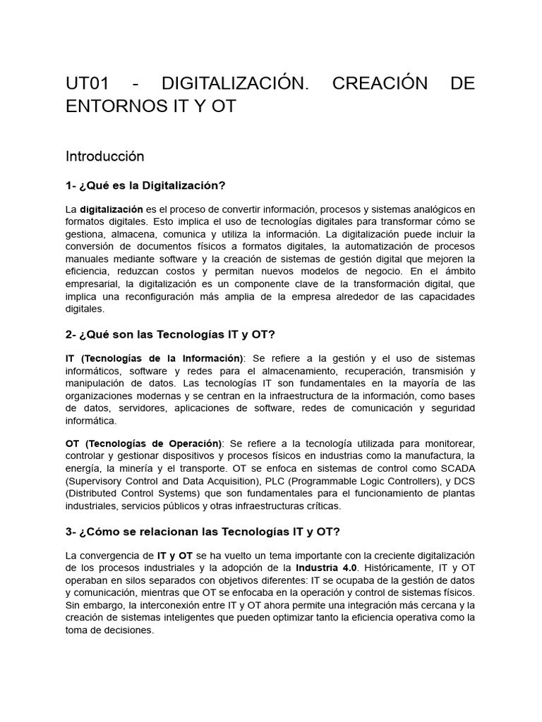 Ut01-Digitalización. Creación de Entornos It y Ot | PDF | Internet de las Cosas | La seguridad ...