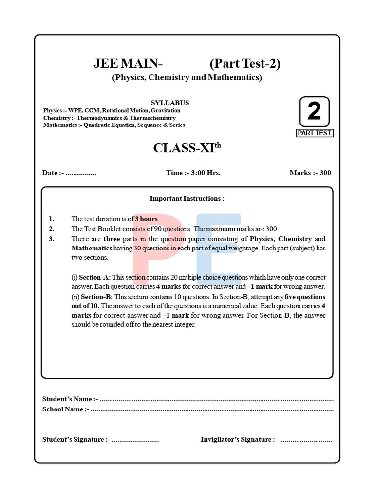 PART-TEST-2-XI-JEE-MAIN-QUESTION | PDF | Force | Acceleration