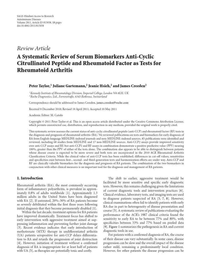 A Systematic Review of Serum Biomarkers Anti-Cyclic Citrullinated ...