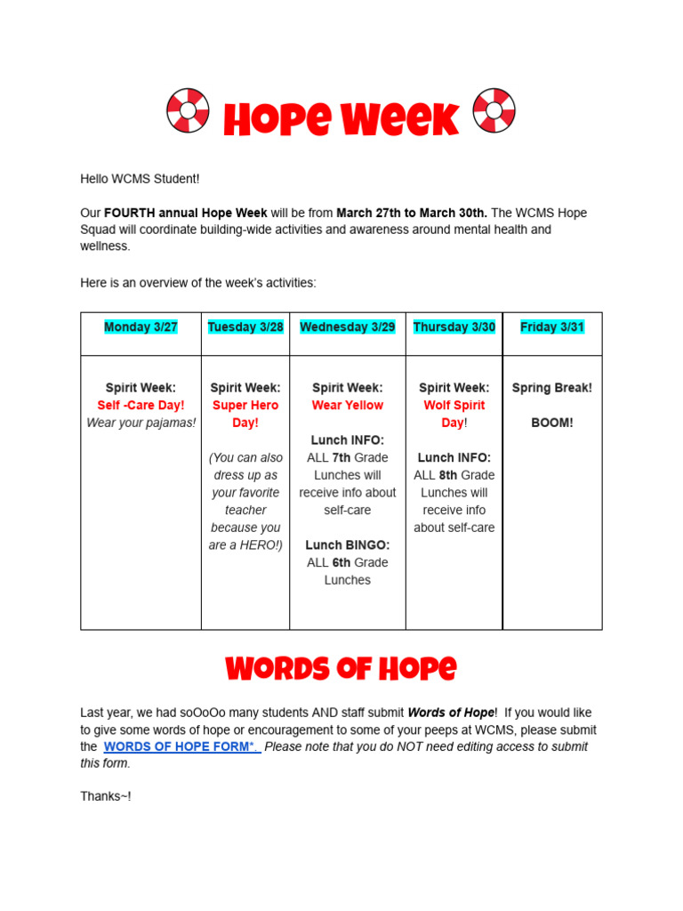 Hope Week - Schoology Post | PDF