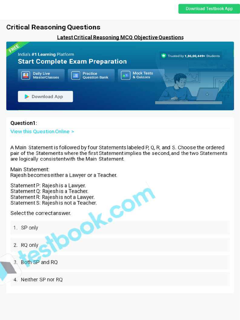 MCQ On Critical Reasoning 5eea6a1539140f30f369f43f | PDF