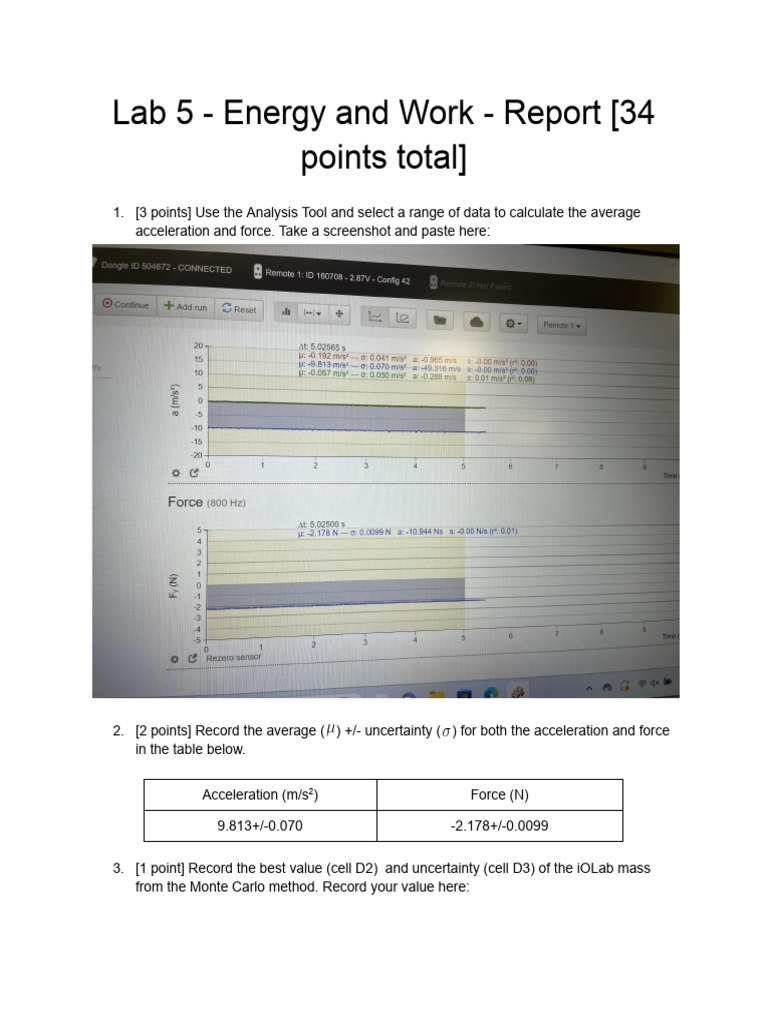Lab 5 - Energy and Work - Report | PDF | Velocity | Force