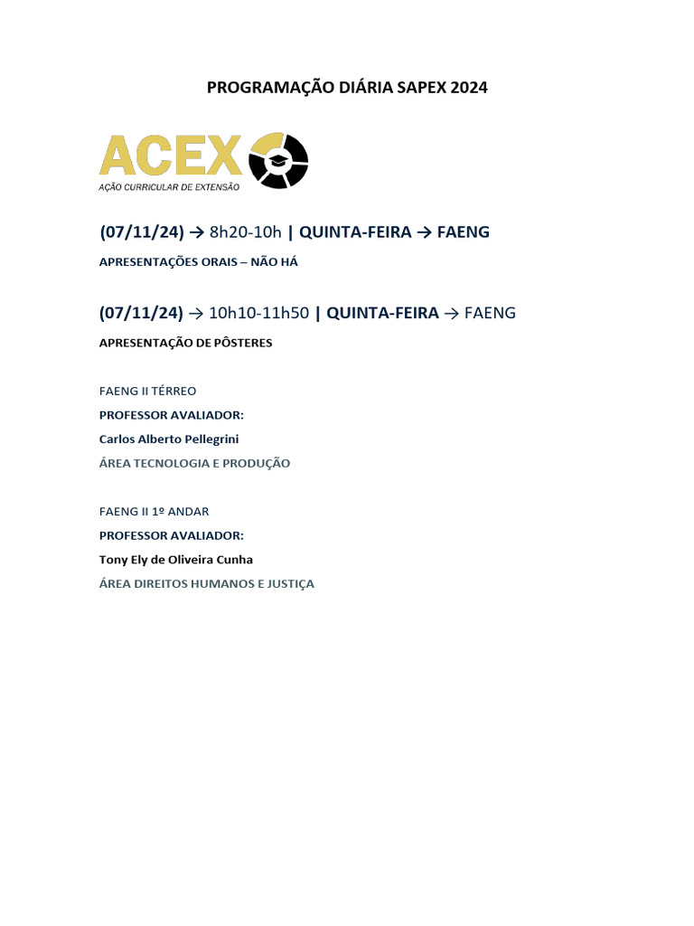 Programação Diária - Sapex 2024 - 07nov2024 | PDF | Energia solar