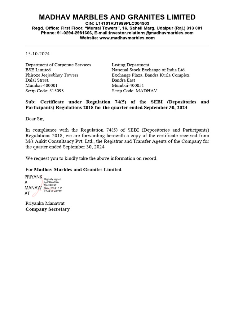 SEBI Compliance Certificate Update | PDF | Private Sector | Corporations