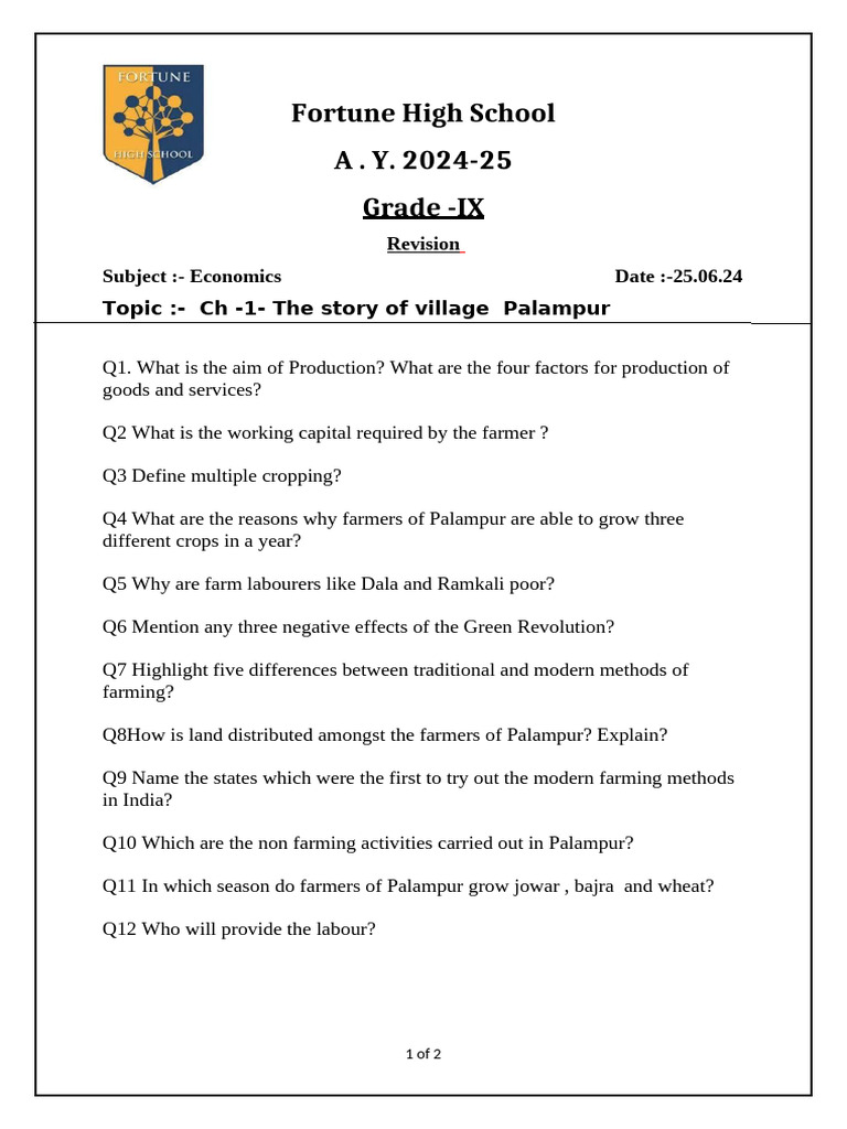 CH - 1 The Story of Village Palampur - Worksheet - 3 | PDF