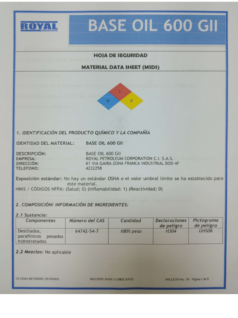 Base Oil BS 600 GII MSDS ROYAL | PDF