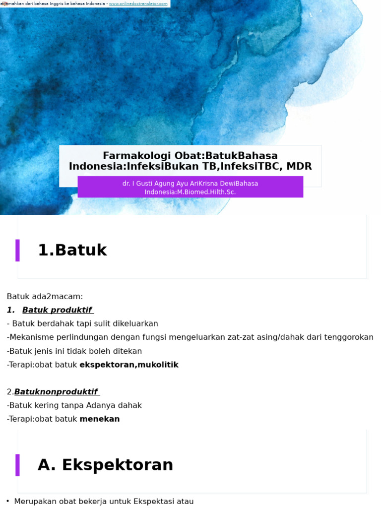 FARMAKOLOGI obat batuk, infeksi non TB, TB, TB MDR 011024.en.id | PDF