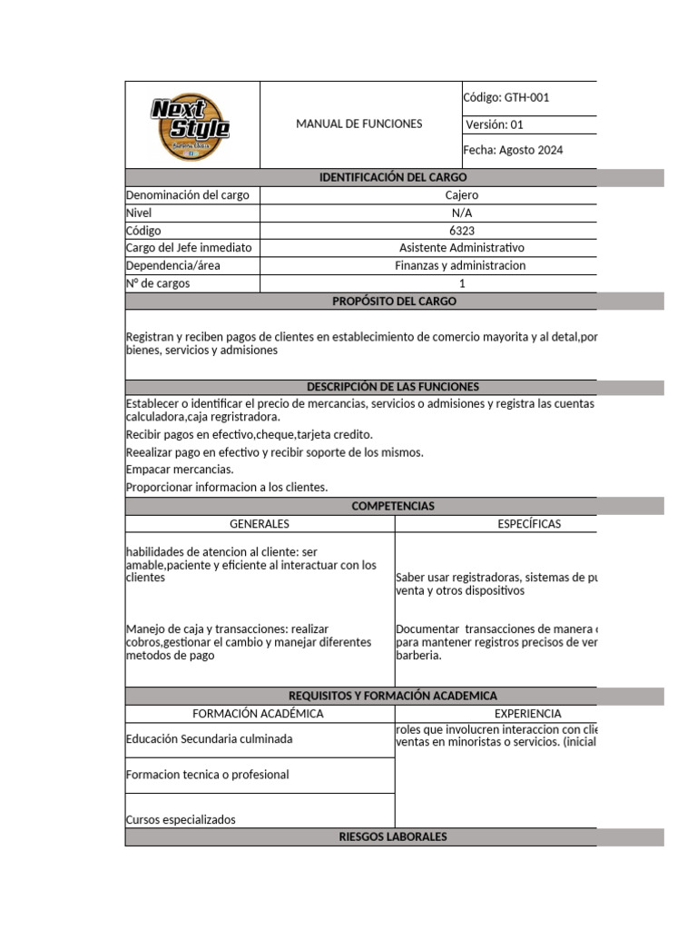 Matriz Manual de Funciones (Cajero Comercial) | PDF | Factores humanos y ergonomía